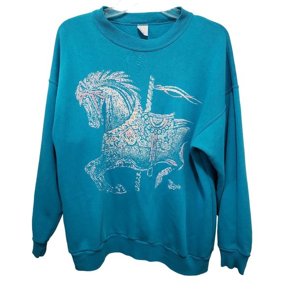 Tultex | Tops | Vtg The Wildside Carousel Horse Sweatshirt Large Adult Teal Blue Made In Usa 8s ...